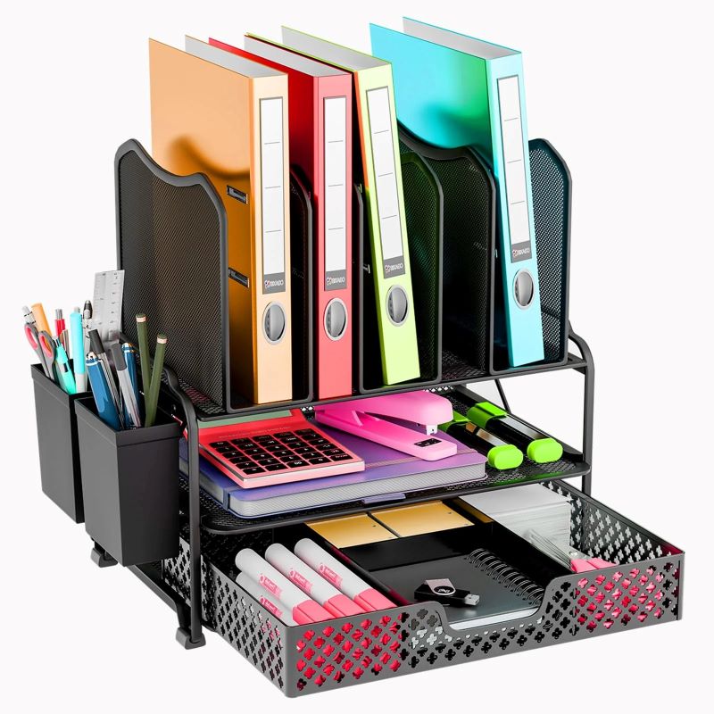 Black Desk File Organizer with Sliding Drawer & 5 Sections – QIONGFENG