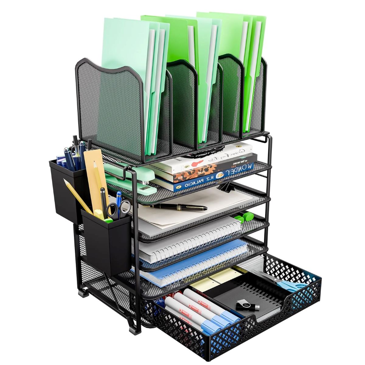 5-Tier Mesh Desk File Organizer with Sliding Drawer, Black, for Home ...
