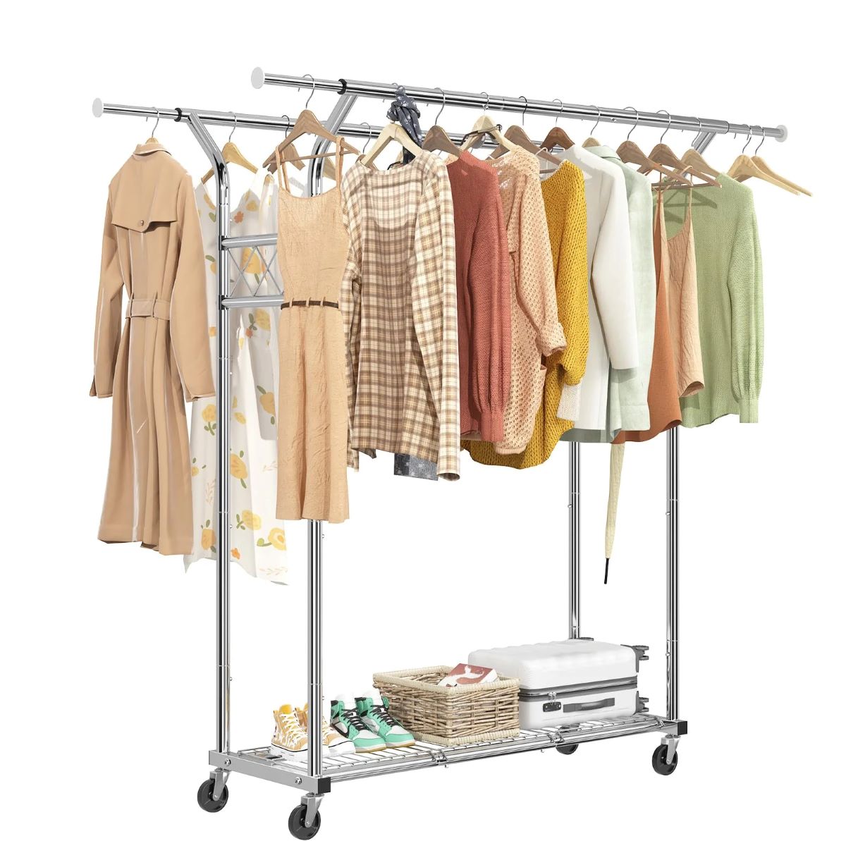 Heavy Duty Double Rod Clothes Rack with Wheels, Load Capacity 450 lbs ...
